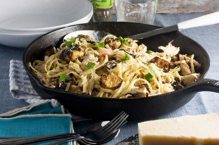 Creamy turkey, bacon and brussels sprouts linguine (great for leftovers ...